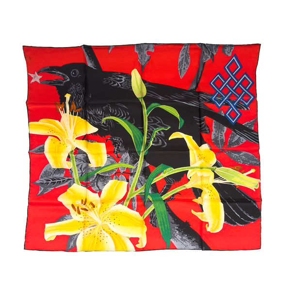 Kate Krasin 3 Yellow Lilies and Raven Silk Square Scarf - Museum of New ...